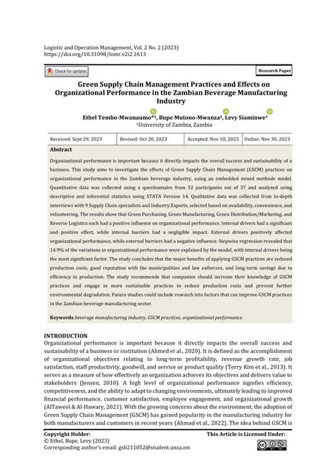 Pdf Green Supply Chain Management Practices And Effects On Organizational Performance In The