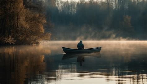 Premium Ai Image A Man Rows Peacefully In A Foggy Autumn Pond