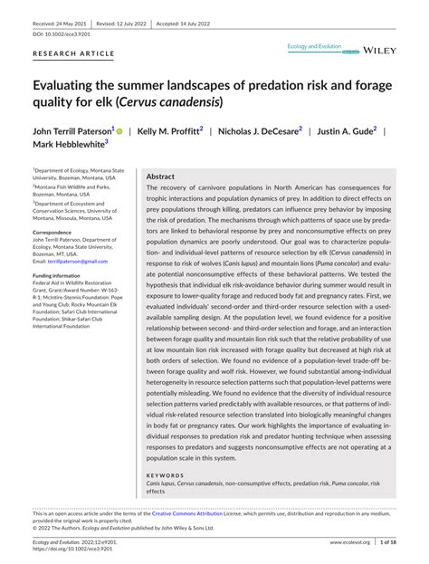 Pdf Evaluating The Summer Landscapes Of Predation Risk And Forage Quality For Elk Cervus
