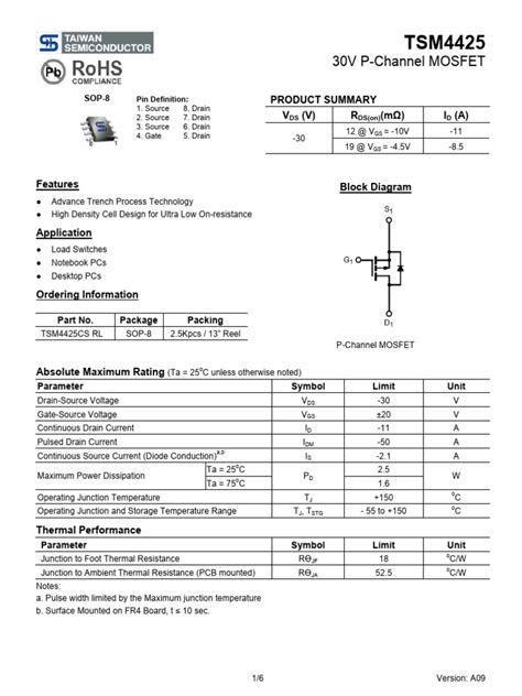 tsm4425 A09 | PDF | Field Effect Transistor | Mosfet