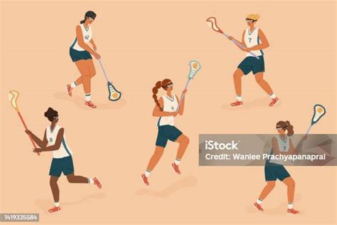 여자 라크로스 선수들이 공 캐릭터 벡터 세트를 제어합니다 여성 라크로스 선수들은 공과 막대기로 인물을 고립시켰다 라크로스에 대한