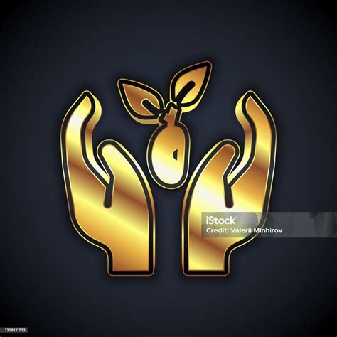 검은 색 배경에 고립 된 환경 보호 아이콘의 손에 금 공장 종묘와 묘목 묘목을 심는다 생태 개념 벡터 개념에 대한 스톡 벡터