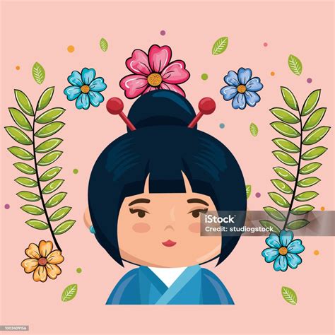 Ilustración De Poco Chica Japonesa Kawaii Con Carácter Flores Y Más
