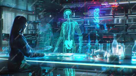 Premium Photo | Two Bioengineers Working With ComputerPowered VFX Hologram Of Human Body And ...