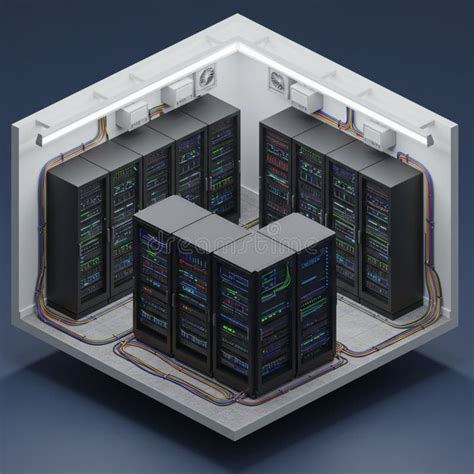 Isometric Rendering Of A Server Room Featuring Multiple Black Server