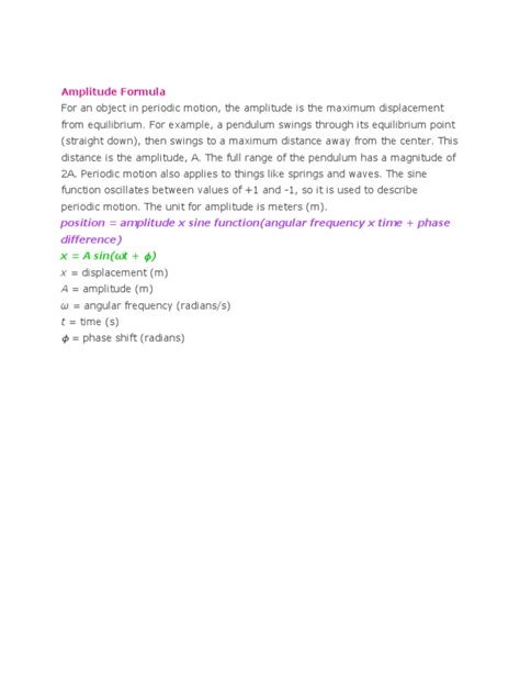 Amplitude Formula Position Amplitude X Sine Function Angular