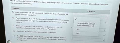Match Each Item In Column 1 With The Most Appropriate Regulation Or Framework In Column 2 An