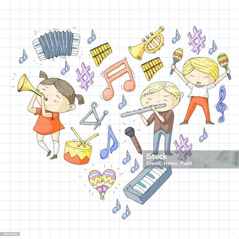 음악 악기 드럼 플 룻 아코디언 트럼펫 피아노 음악 성능 및 학교 연령 어린이 어린이 오케스트라와 음악 뮤지컬 극장 유치원