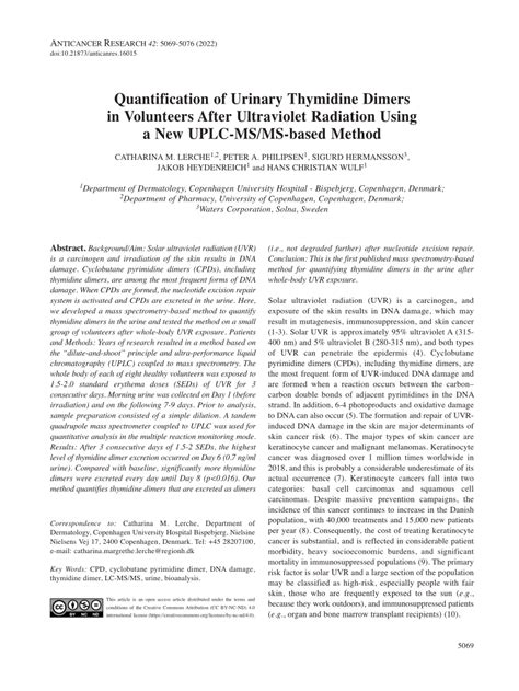 Pdf Quantification Of Urinary Thymidine Dimers In Volunteers After