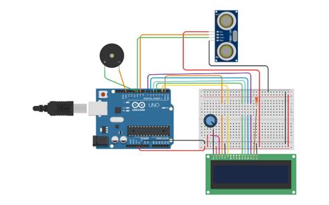 circuit design pfe ultrasonic sensor with 16 2 lcd display tinkercad