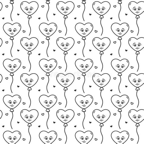 Outline Heart Shaped Balloon On String With Face And Decorative Hearts Minimalistic Seamless