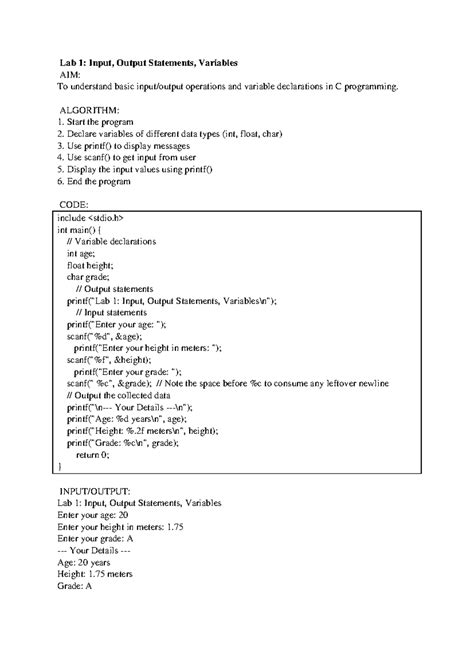 21css101j Lab Input Output Variables And Data Types In C Studocu