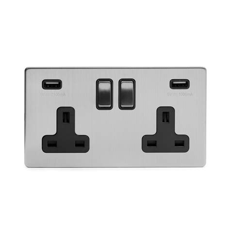 Brushed Chrome Gang Usb Socket With Black Insert Elesi
