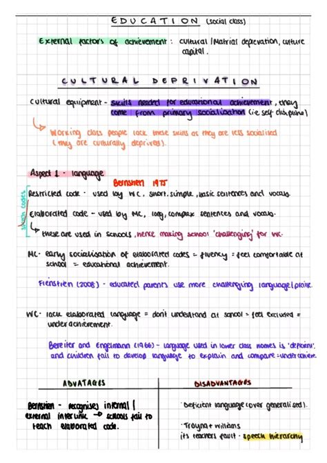 Summary Aqa Sociology Education Social Class Ethnicity And Gender
