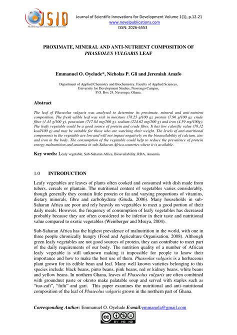 Pdf Proximate Mineral And Anti Nutrient Composition Of Phaseolus Vulgaris Leaf