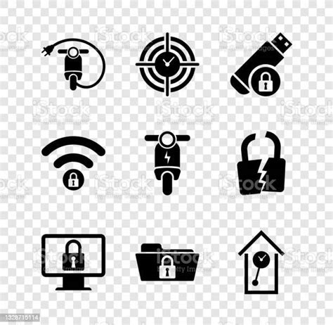 설정 전기 스쿠터 시간 관리 잠금 Usb 플래시 드라이브 모니터에 잠금 폴더 및 복고풍 벽 시계 아이콘 벡터 Usb 케이블에