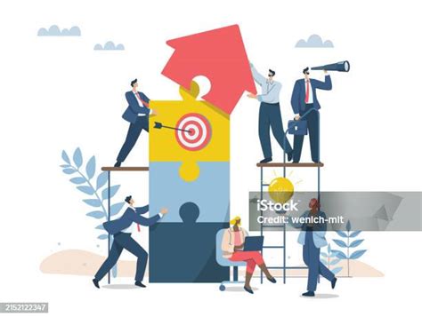 회사 또는 조직의 성장 효과적인 팀워크 단결로 직소 퍼즐을 완성하기 위해 함께 일하는 사업가 팀 빌딩 및 비즈니스 개념 벡터 디자인 그림입니다 화살표에 대한 스톡 벡터 아트