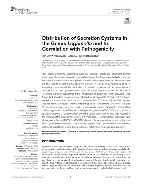 Pdf Distribution Of Secretion Systems In The Genus Legionella And Its Correlation With