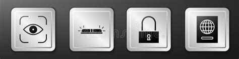 Set Eye Scan Flasher Siren Lock And Passport Icon Silver Square Button Stock Vector