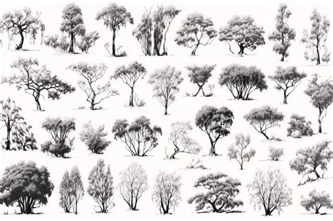 Premium AI Image Minimal Style Cad Tree Line Drawing Side View Set Of
