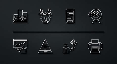 라인 랭킹 스타 교육 프리젠 테이션 화살표가있는 대상 마케팅 대상 전략 피라미드 차트 인포 그래픽 프로젝트 팀 기반 프린터 및 채팅 메시지 전화 아이콘을 설정합니다 벡터 1