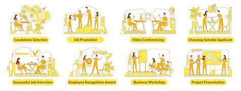 플랫 실루엣 벡터 일러스트 세트 채용 비즈니스 회사 직원은 흰색 배경에 문자를 간략하게 설명합니다 인사 관리 채용 서비스 헤드헌팅 심플 스타일 드로잉 팩 2차 도형에 대한