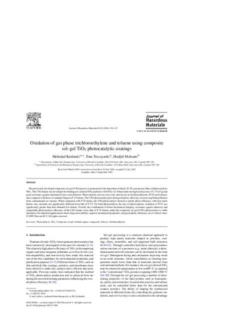 Pdf Oxidation Of Gas Phase Trichloroethylene And Toluene Using Composite Sol Gel Tio2