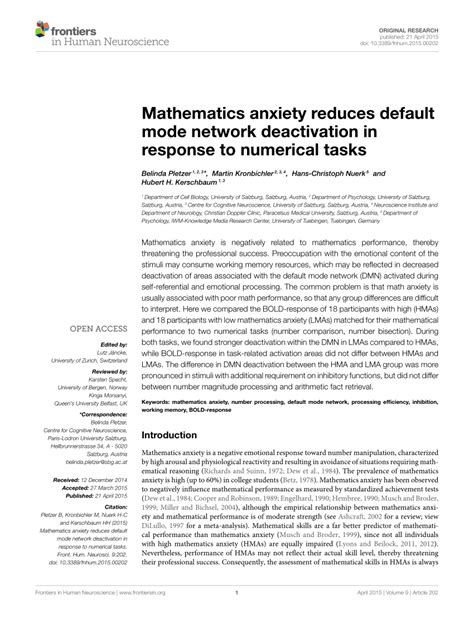 Pdf Mathematics Anxiety Reduces Default Mode Network Deactivation In Response To Numerical Tasks