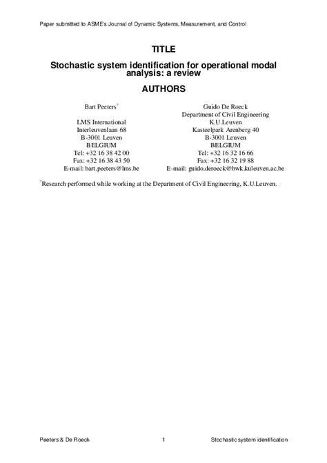 Pdf Stochastic System Identification For Operational Modal Analysis