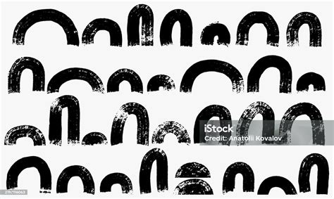 굵은 브러시 세트는 물결 모양의 선 호 반원 무지개를 그렸습니다 추상 기하학적 손으로 그린 낙서 그런 지 스타일 요소 디자인을