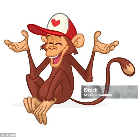 만화 재미 있은 원숭이 모자 모자를 착용 하 고 웃 고 벡터 일러스트 레이 션 원숭이에 대한 스톡 벡터 아트 및 기타 이미지 원숭이 유인원 갈색 Istock
