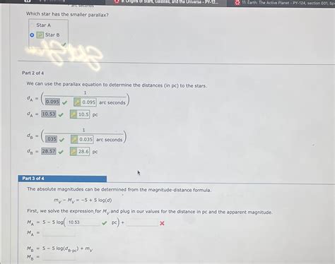 solved which star has the smaller parallaxstar astar bpart