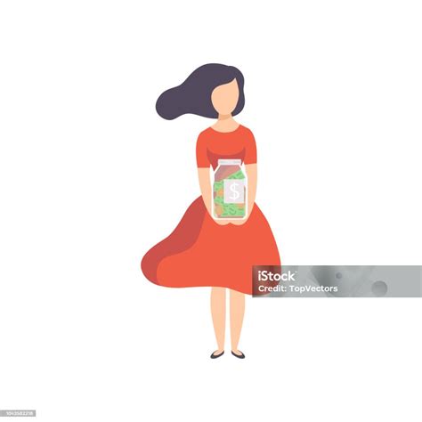 젊은 갈색 머리 여자 돈 지폐와 동전 유리 항아리를 들고 저축과 투자는 흰색 바탕에 돈 개념 벡터 일러스트 레이 션 개념과