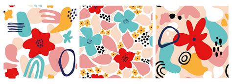 기하학적 모양 반점 및 열대 모티브가있는 추상화 꽃 매끄러운 패턴 그래픽 프린트를 반복하여 현대적인 모양과 꽃 요소를 선명합니다 벡터 콜라주 스타일 일러스트레이션 0명에