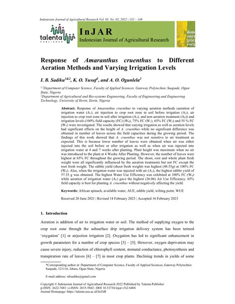 Pdf Response Of Amaranthus Cruenthus To Different Aeration Methods And Varying Irrigation Levels