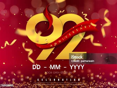 골드 배경에 92 년 기념일 로고 템플릿 92nd 빨간 리본 벡터와 색종이 고립 된 디자인 요소와 황금 숫자를 축 하 광고에 대한 스톡 벡터 아트 및 기타 이미지 Istock