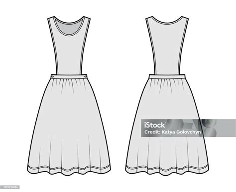 드레스 피나포어 앞치마 기술 패션 일러스트와 민소매 무릎 길이 풀 스커트 플랫 의류 전면 0명에 대한 스톡 벡터 아트 및 기타 이미지 Istock