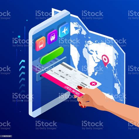 아이소메트릭 항공사 또는 버스 또는 기차 티켓 온라인 온라인 항공권 구매 또는 예약 여행 전 세계 비즈니스 항공편 탑승권 거리에 대한 스톡 벡터 아트 및 기타 이미지