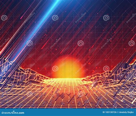 Abstract Polygonal Background Sunset With Blurred Lines D Landscape Grid With With Sun Stars