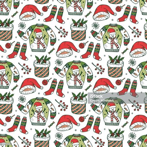 낙서 못생긴 크리스마스 스웨터 파티 벡터 Xmas 홀리데이 원활한 패턴 초대장에 대한 스톡 벡터 아트 및 기타 이미지 초대장 추함 크리스마스 스웨터 Istock