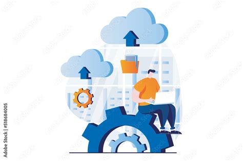 SaaS Concept With People Scene In Flat Cartoon Design Man Uploading