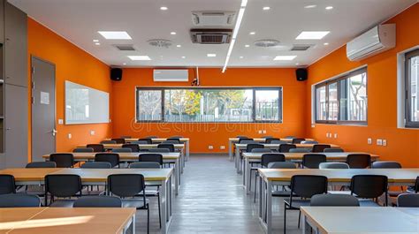 Modern Minimalist Classroom With Bright Orange Walls And Neat Rows Of