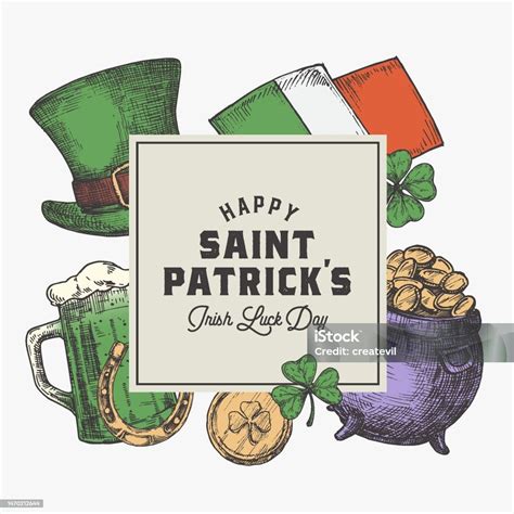 세인트 패트릭의 날 카드 또는 프레임 레이블 템플릿입니다 손으로 그린 레프러콘 모자 금화 냄비 토끼풀 잎 스케치 기호와 복고풍