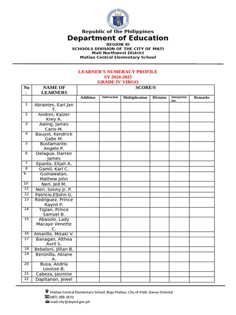 Numeracy Profile Yayo Gr3 Saturn Pdf Philippines