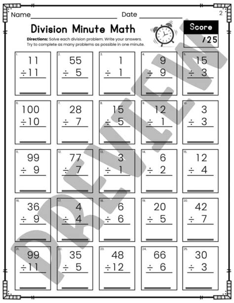 Division Math Minutes Within 100 Timed Practice Vertical Grade 3