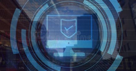 Image Of Shield Desktop Icon Binary Codes Computer Language Over Modern Buildings Stock
