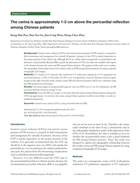 Pdf The Carina Is Approximately 1 2 Cm Above The Pericardial