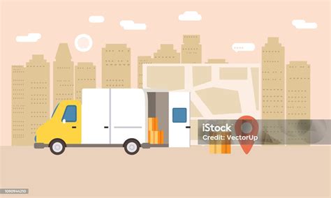 온라인 온라인 추적기를 추적 하는 상품의 배달입니다 스마트폰 소포 배달 트럭 지도 스톱 워치 개념 아이디어 벡터 웹 사이트 상점 애니메이션 광고 모바일 응용 프로그램에 대