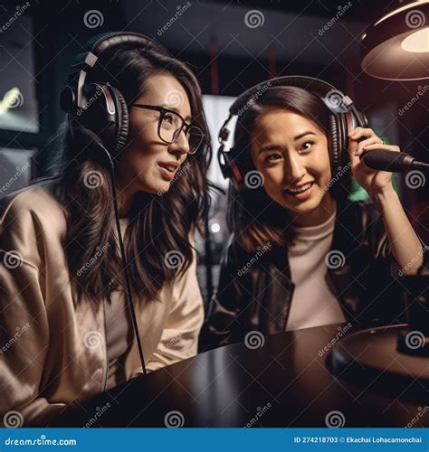 generative ai dynamic women engaging in podcast conversation stock