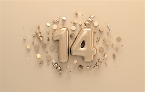축제 색종이와 나선형 리본 황금 3d 번호 14 14 주년 기념 이벤트 파티를 축하하기위한 포스터 템플릿 3d 렌더링 0명에 대한 스톡 사진 및 기타 이미지 Istock